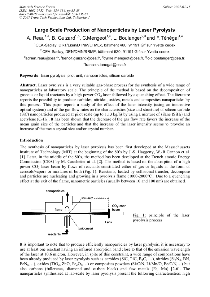 Large Scale Production of Nanoparticles by Laser Pyrolysis | Scientific.Net