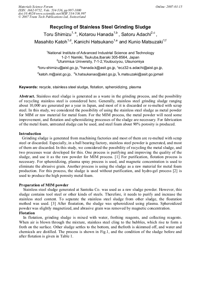 Recycling of Stainless Steel Grinding Sludge | Scientific.Net