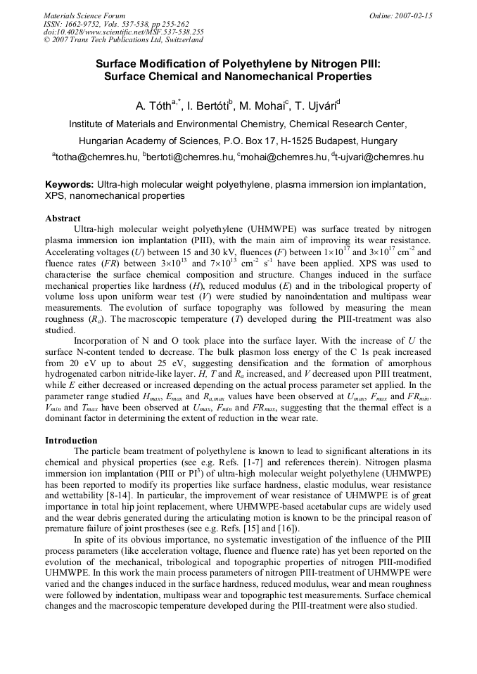 Surface Modification of Polyethylene by Nitrogen PIII: Surface Chemical ...