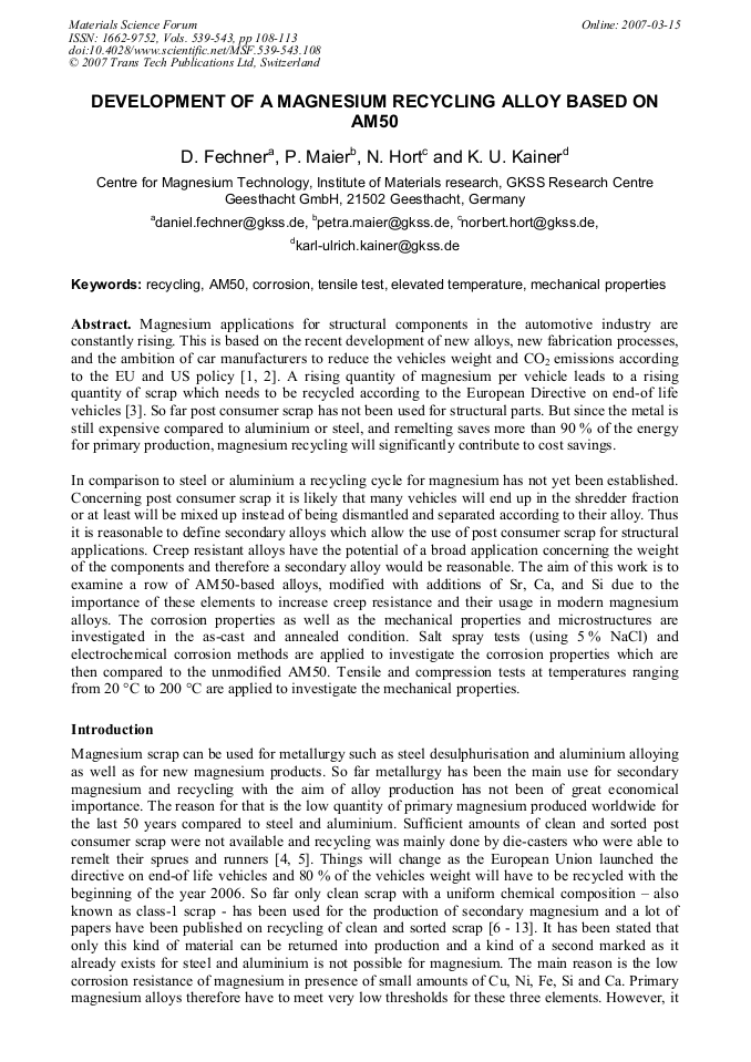 Development of a Magnesium Recycling Alloy Based on AM50 | Scientific.Net