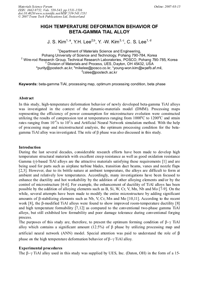 High Temperature Deformation Behavior of Beta-Gamma TiAl Alloy ...