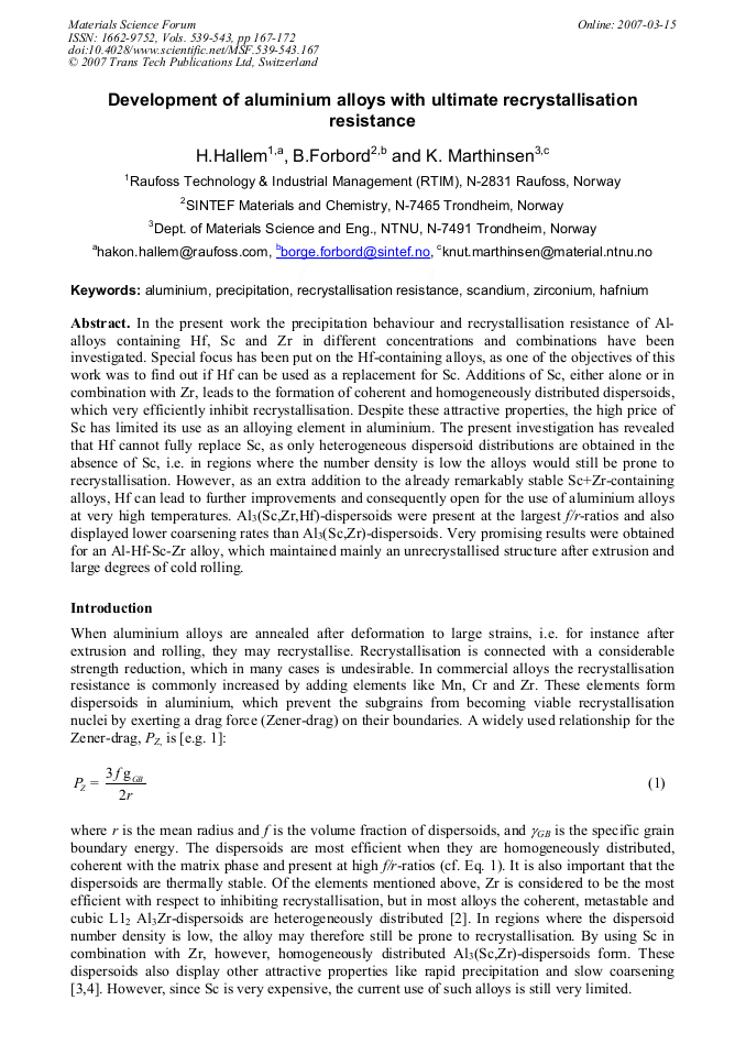 Development of Aluminium Alloys with Ultimate Recrystallisation ...
