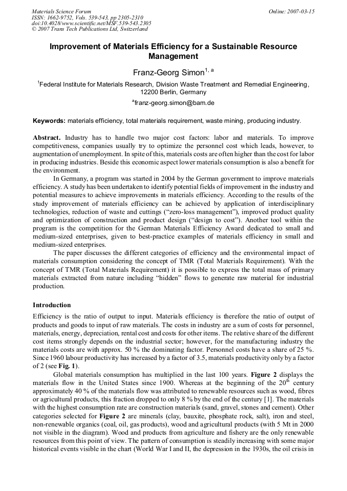 Improvement of Materials Efficiency for a Sustainable Resource ...