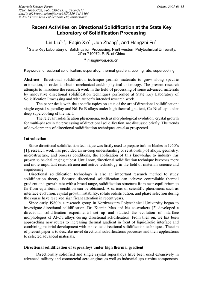 Recent Activities on Directional Solidification at the State Key ...