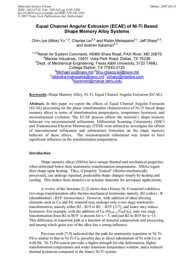 Equal Channel Angular Extrusion (ECAE) of Ni-Ti Based Shape Memory ...
