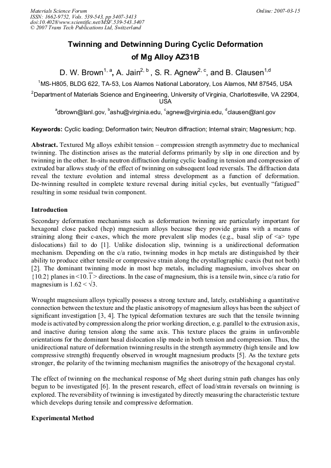 Twinning and Detwinning during Cyclic Deformation of Mg Alloy AZ31B ...