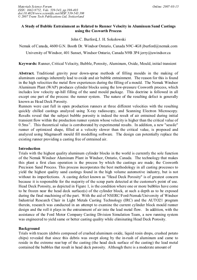 A Study of Bubble Entrainment as Related to Runner Velocity in Aluminum ...
