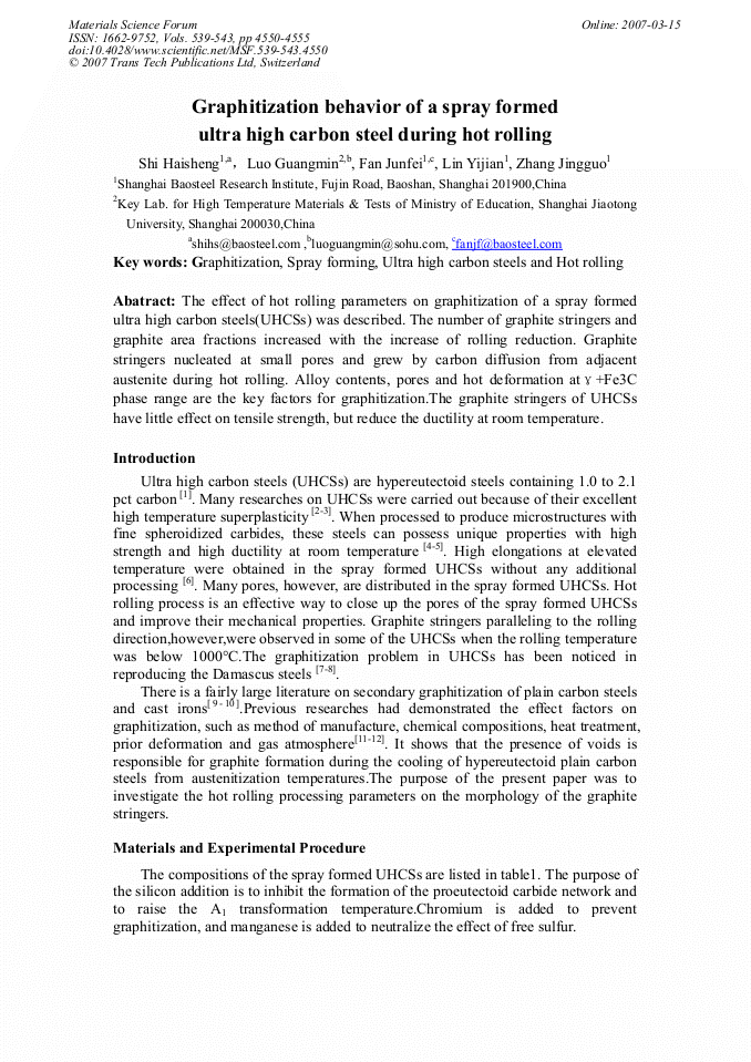 Graphitization Behavior of a Spray Formed Ultra High Carbon Steel ...