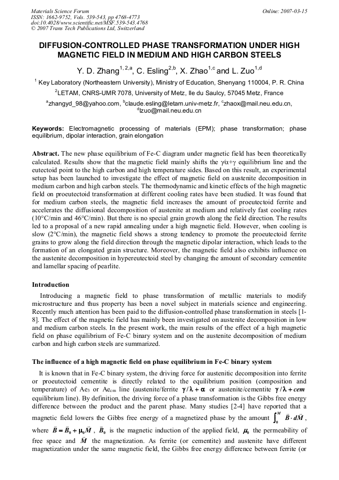 Diffusion-Controlled Phase Transformation under High Magnetic Field in Medium and High Carbon ...