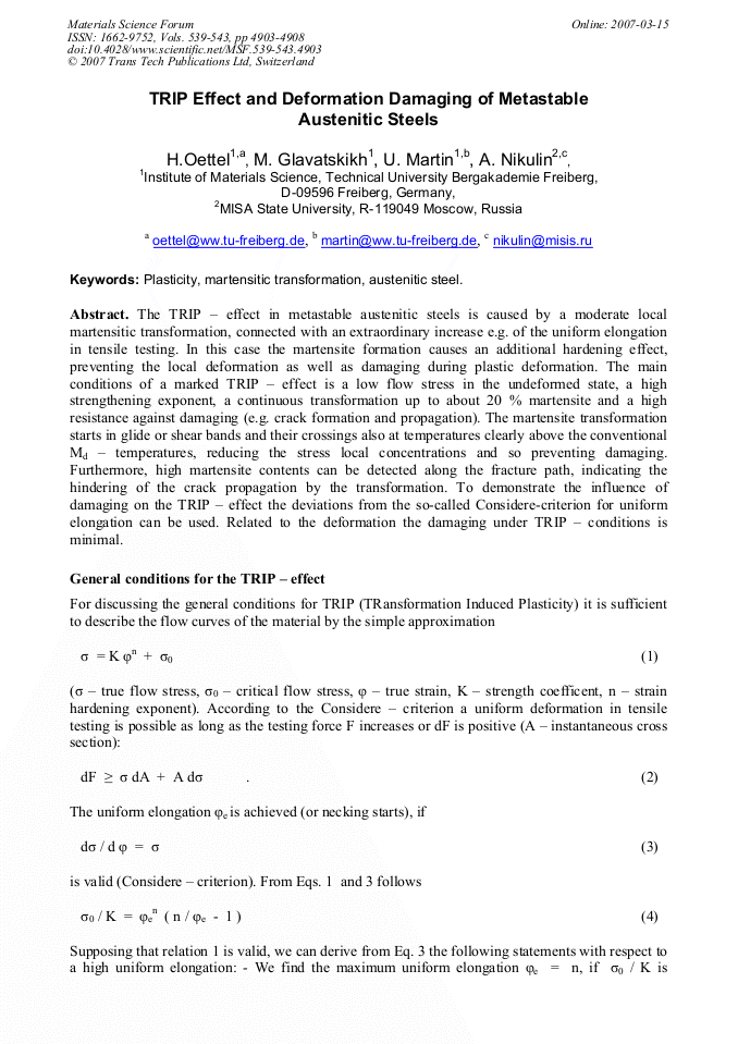 TRIP Effect and Deformation Damaging of Metastable Austenitic Steels ...