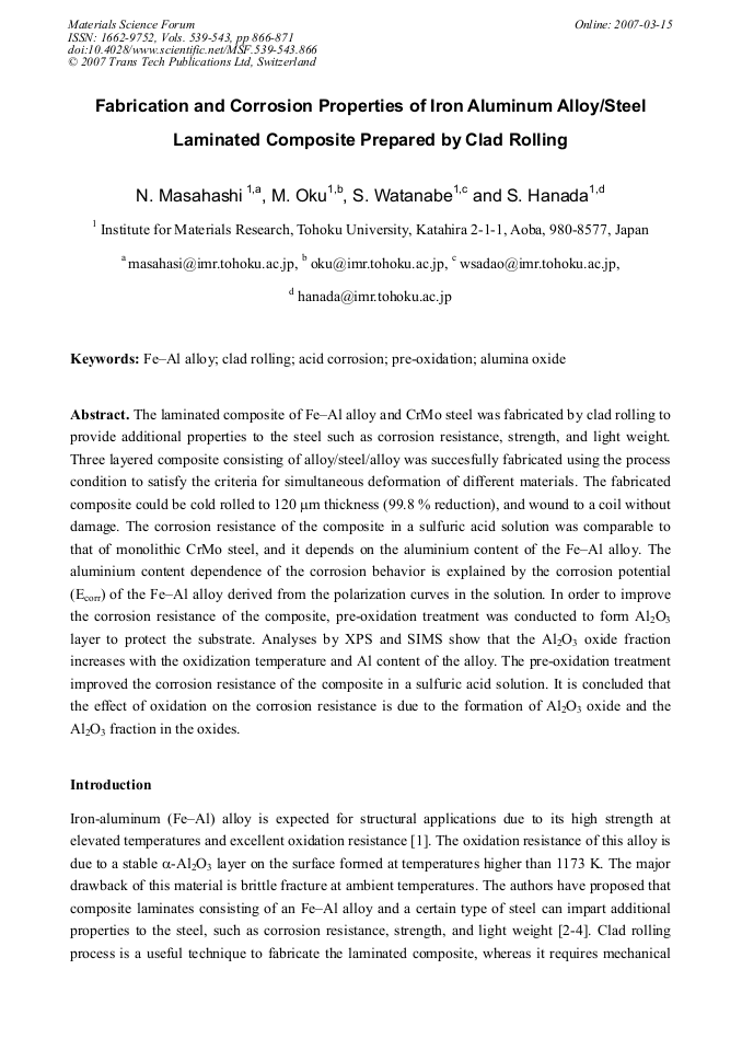 Fabrication and Corrosion Properties of Iron Aluminum Alloy/Steel ...