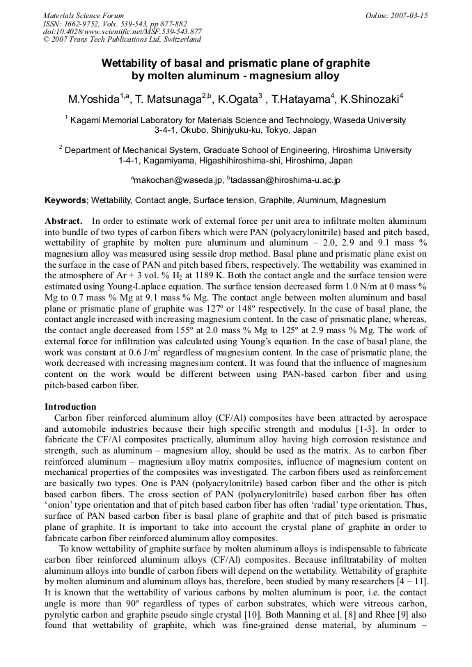 Wettability of Basal and Prismatic Plane of Graphite by Molten Aluminum ...