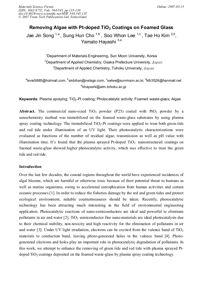 Removing Algae with Pt-Doped TiO2 Coatings on Foamed Glass | Scientific.Net