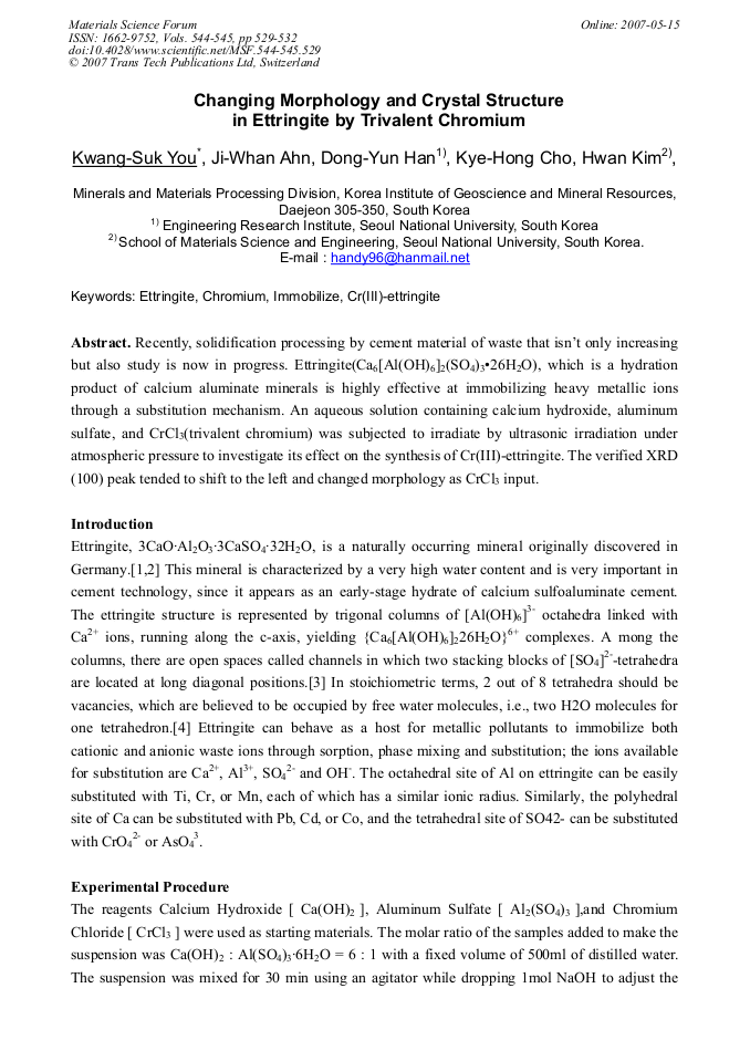 Changing Morphology and Crystal Structure in Ettringite by Trivalent ...