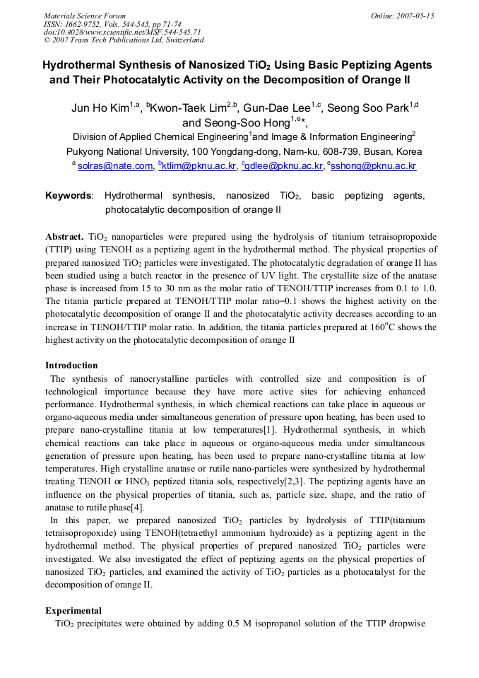 Hydrothermal Synthesis of Nanosized TiO2 Using Basic Peptizing Agents and their Photocatalytic ...