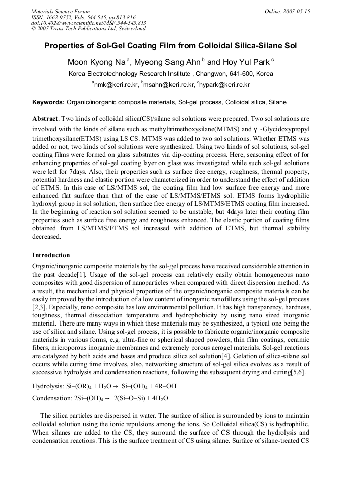 Properties of Sol-Gel Coating Film from Colloidal Silica-Silane Sol ...