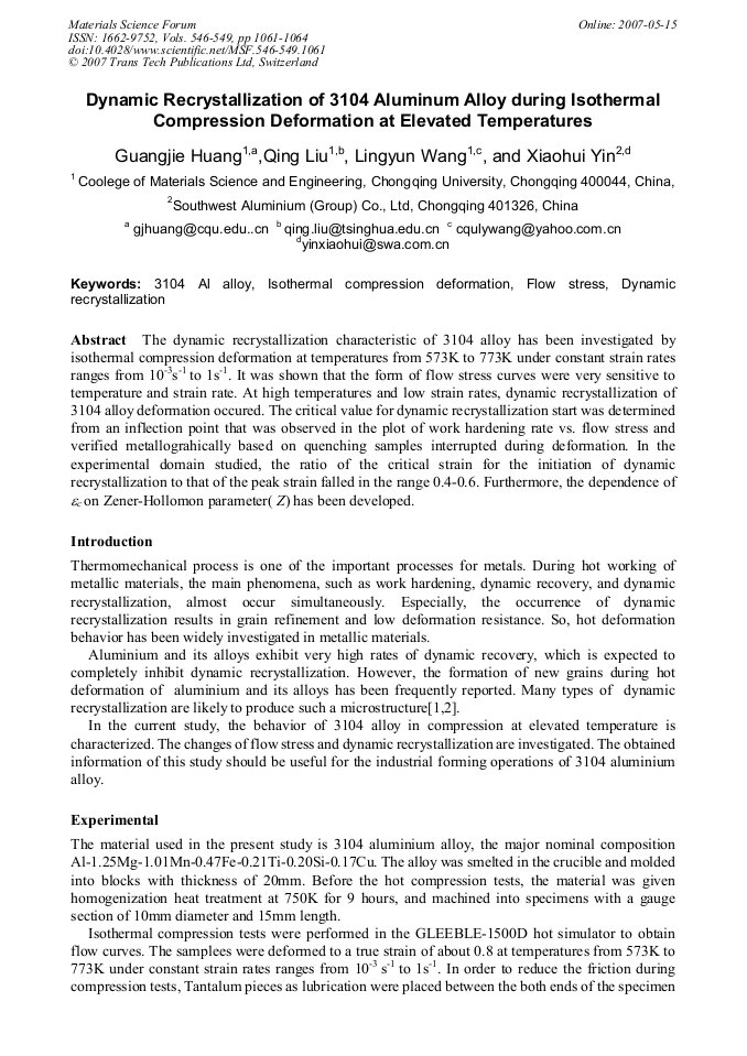 Dynamic Recrystallization of 3104 Aluminum Alloy during Isothermal ...