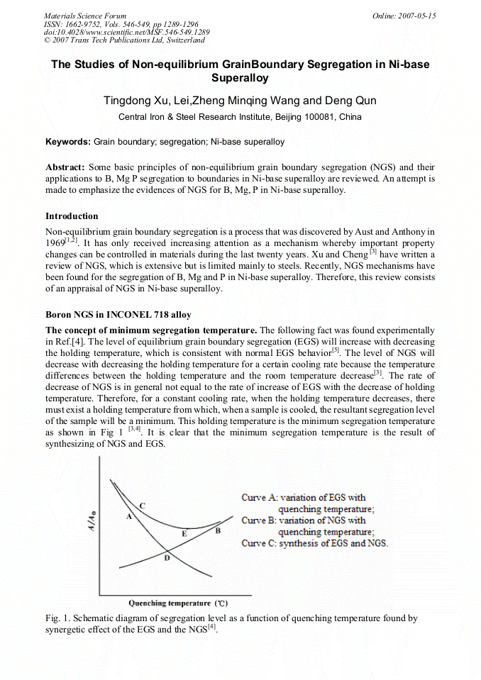The Studies of Non-Equilibrium Grain Boundary Segregation in Ni-Base ...