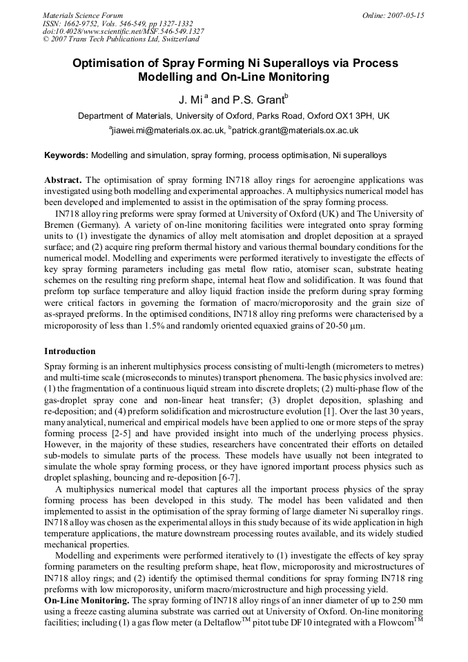 Optimisation of Spray Forming Ni Superalloys via Process Modelling and ...