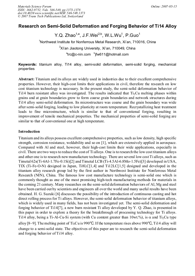 Research on Semi-Solid Deformation and Forging Behavior of Ti14 Alloy ...