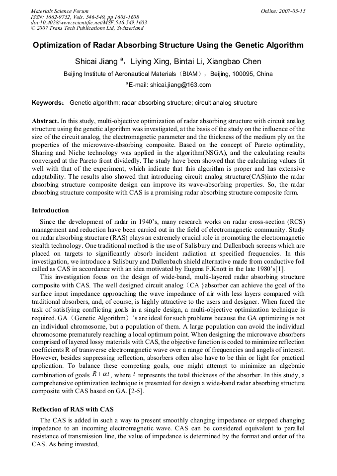 Optimization of Radar Absorbing Structure Using the Genetic Algorithm | Scientific.Net