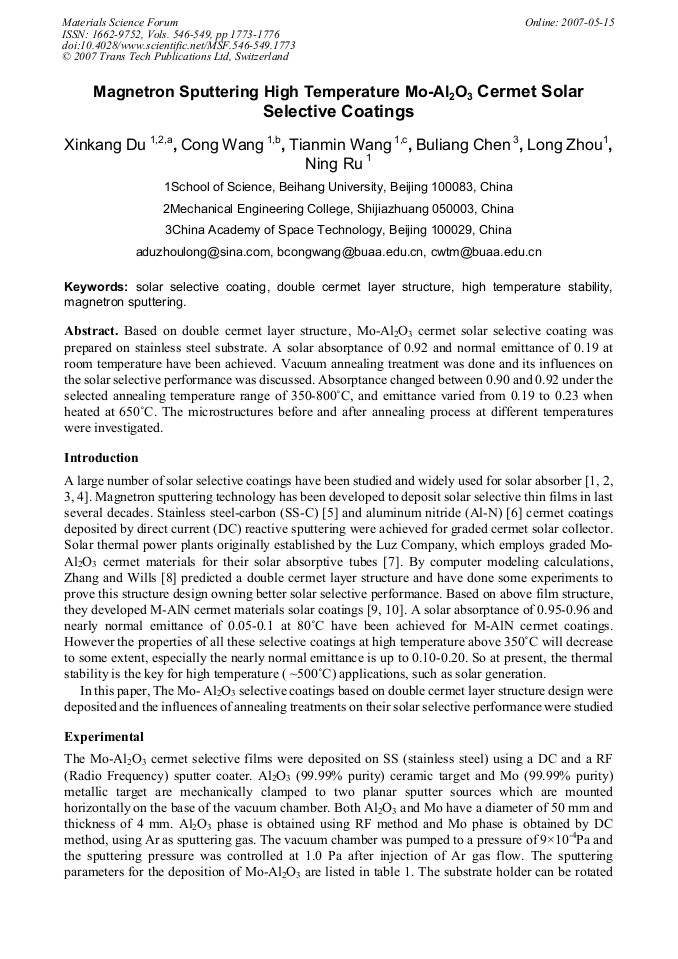 Magnetron Sputtering High Temperature Mo-Al2O3 Cermet Solar Selective ...