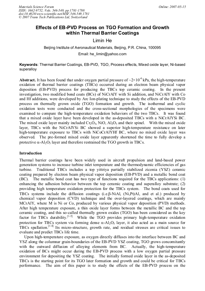 Effects of EB-PVD Process TGO Formation and Growth within Thermal ...