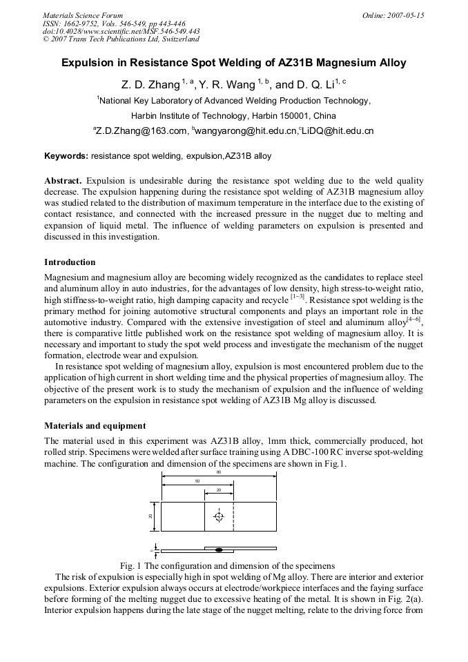 Expulsion in Resistance Spot Welding of AZ31B Magnesium Alloy ...