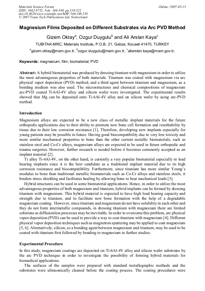 Magnesium Films Deposited on Different Substrates via Arc PVD Method ...