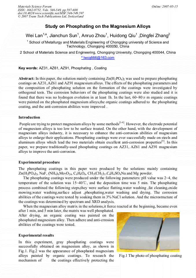 Study on Phosphating on the Magnesium Alloys | Scientific.Net