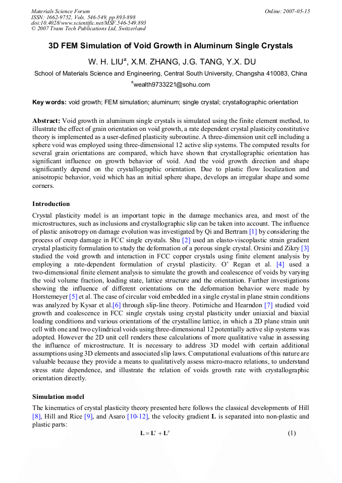 3D FEM Simulation of Void Growth in Aluminum Single Crystals ...