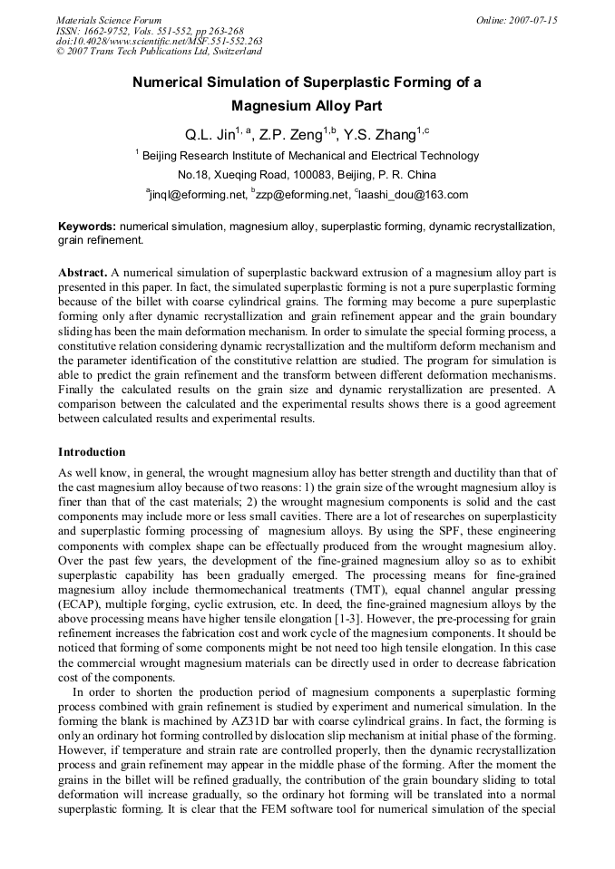 Numerical Simulation of Superplastic Forming of a Magnesium Alloy Part | Scientific.Net