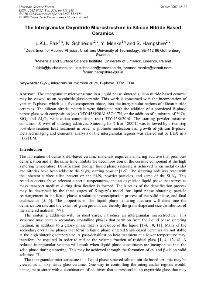 The Intergranular Oxynitride Microstructure in Silicon Nitride Based Ceramics | Scientific.Net