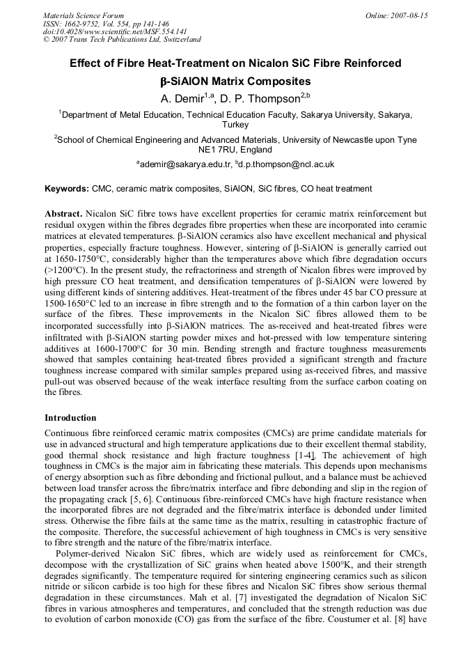 Effect of Fibre Heat-Treatment on Nicalon SiC Fibre Reinforced β-SiAlON ...