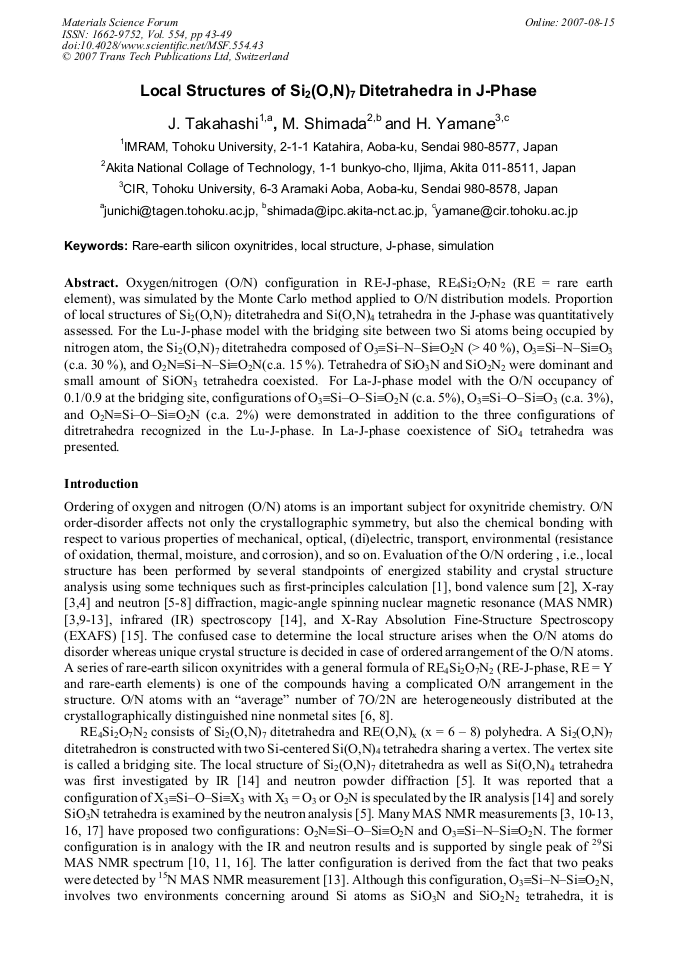 Local Structures of Si2(O,N)7 Ditetrahedra in J-Phase | Scientific.Net