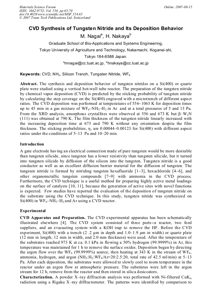 CVD Synthesis of Tungsten Nitride and lts Deposition Behavior ...