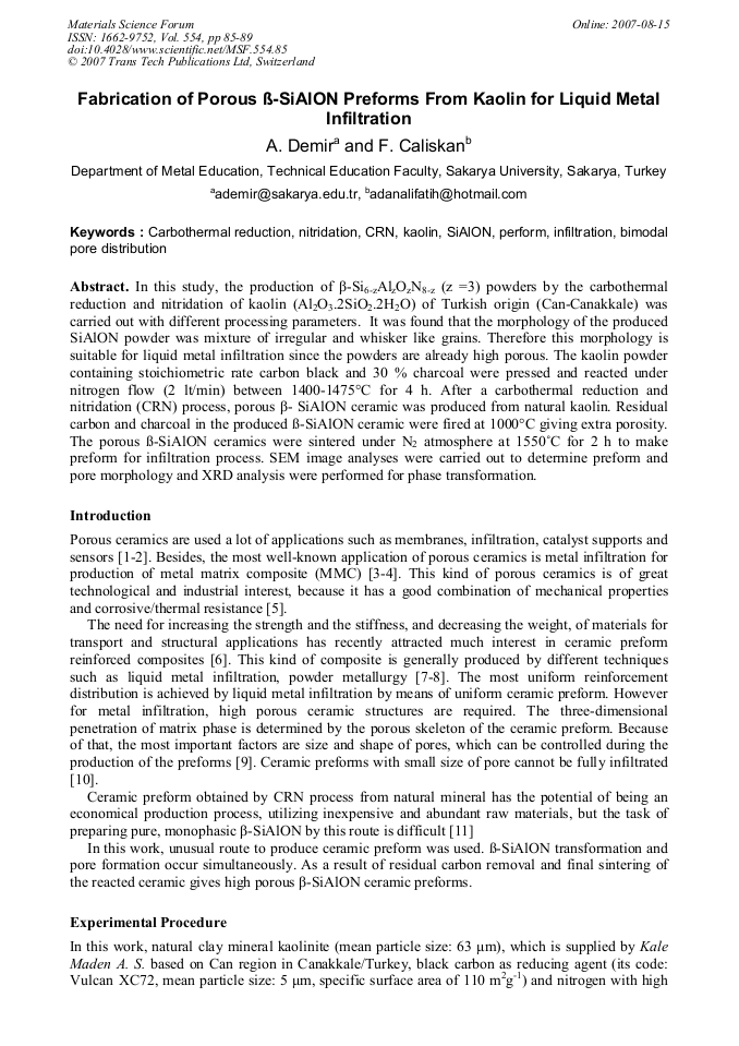 Fabrication of Porous β-SiAlON Preforms from Kaolin for Liquid Metal ...