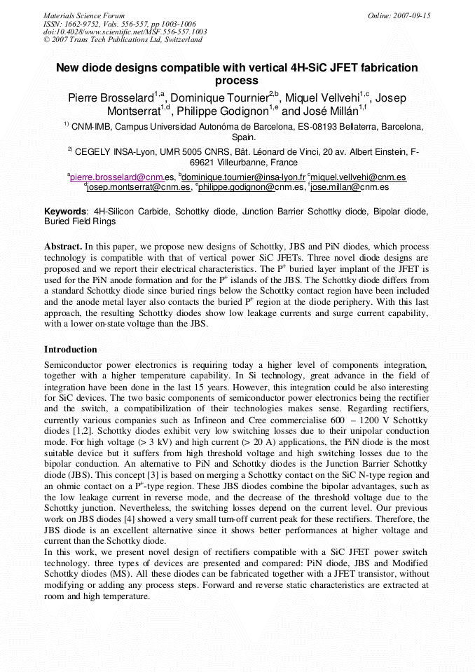 New Diode Designs Compatible with Vertical 4H-SiC JFET Fabrication Process | Scientific.Net