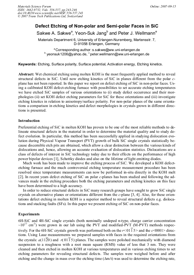 Defect Etching of Non-Polar and Semi-Polar Faces in SiC | Scientific.Net