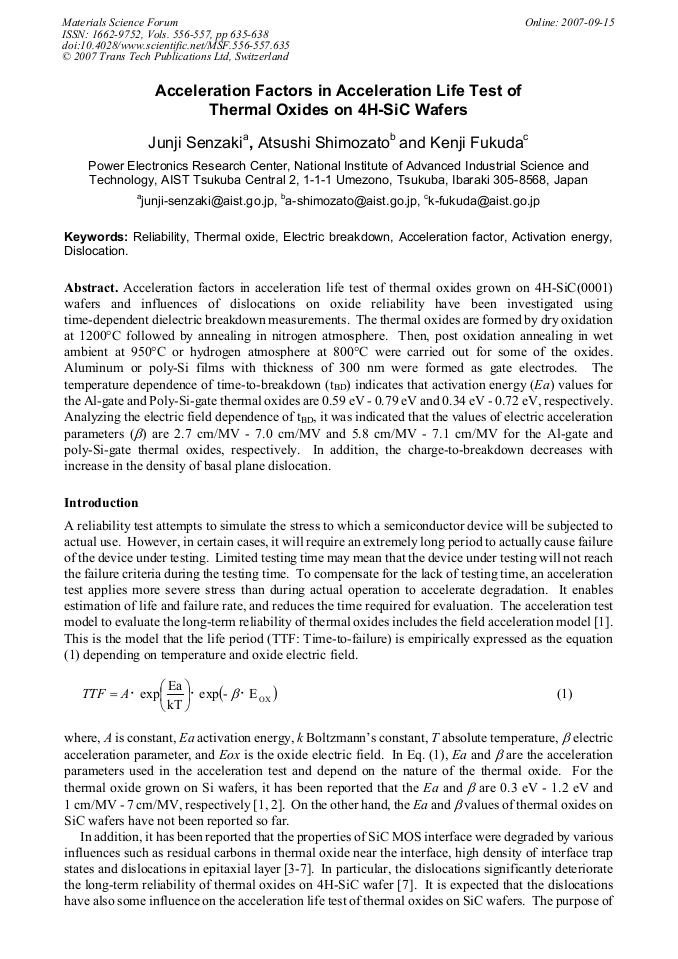 Acceleration Factors in Acceleration Life Test of Thermal Oxides on 4H ...