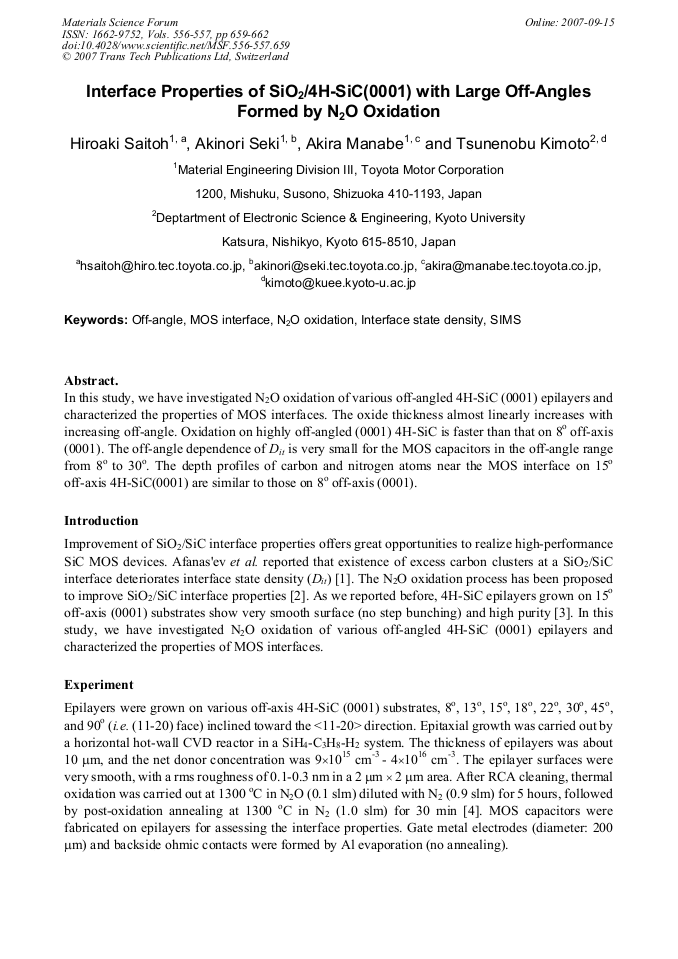 Interface Properties of SiO2/4H-SiC(0001) with Large Off-Angles Formed ...