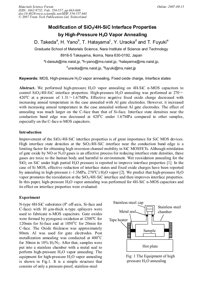 Modification of SiO2/4H-SiC Interface Properties by High-Pressure H2O ...