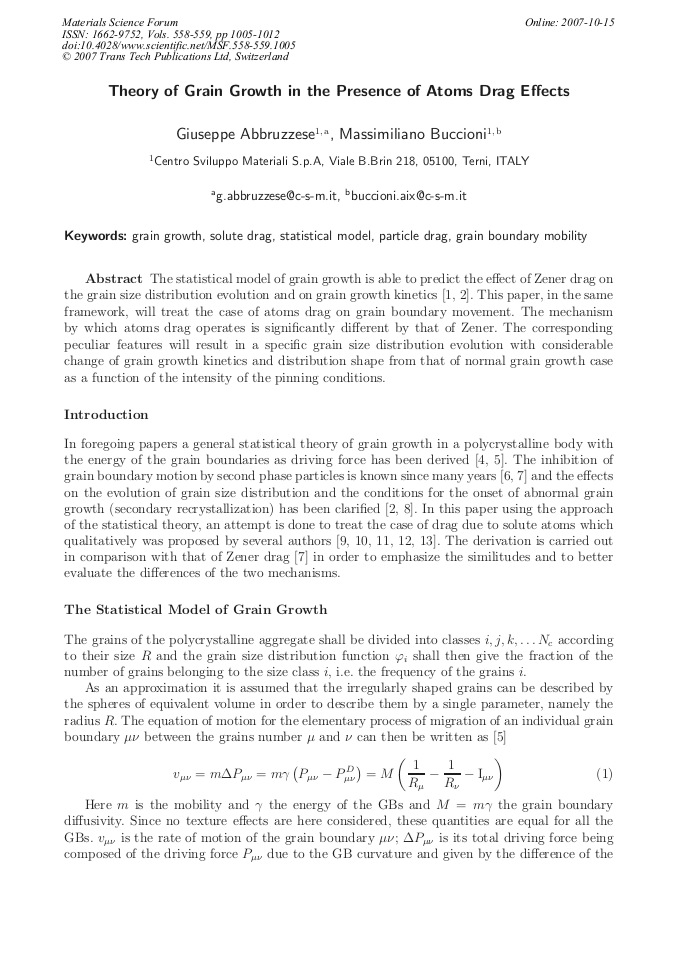 Theory of Grain Growth in the Presence of Atoms Drag Effects ...