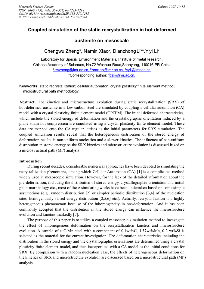 Coupled Simulation Of The Static Recrystallization In Hot Deformed Austenite On Mesoscale