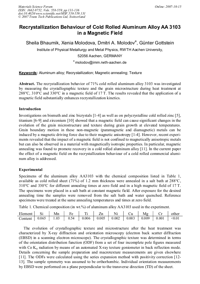 Recrystallization Behaviour of Cold Rolled Aluminum Alloy AA 3103 in a ...