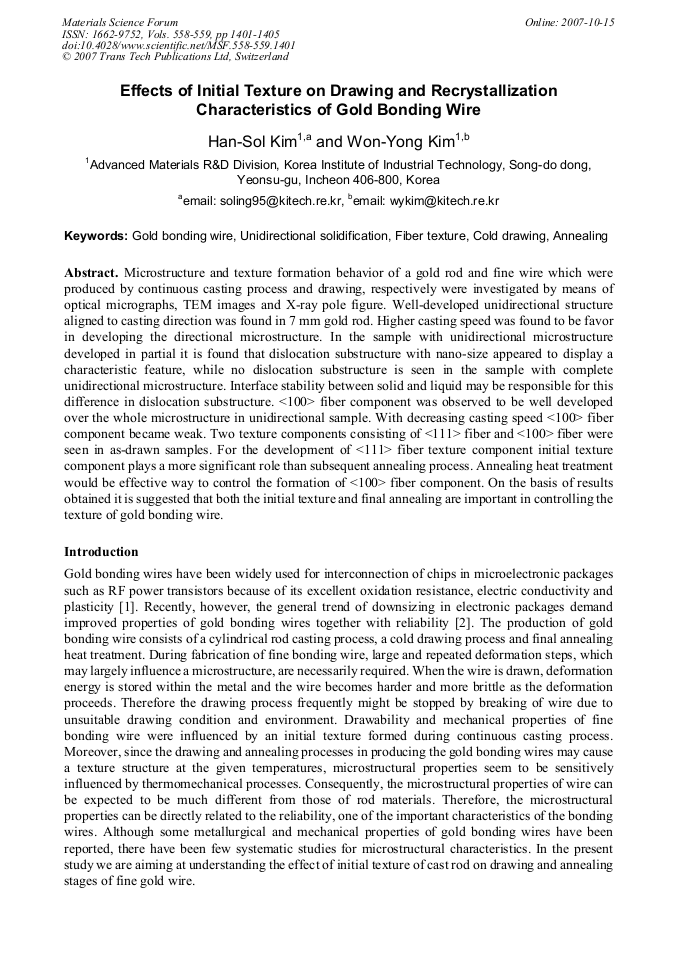 Effects Of Initial Texture On Drawing And Recrystallization Characteristics Of Gold Bonding Wire