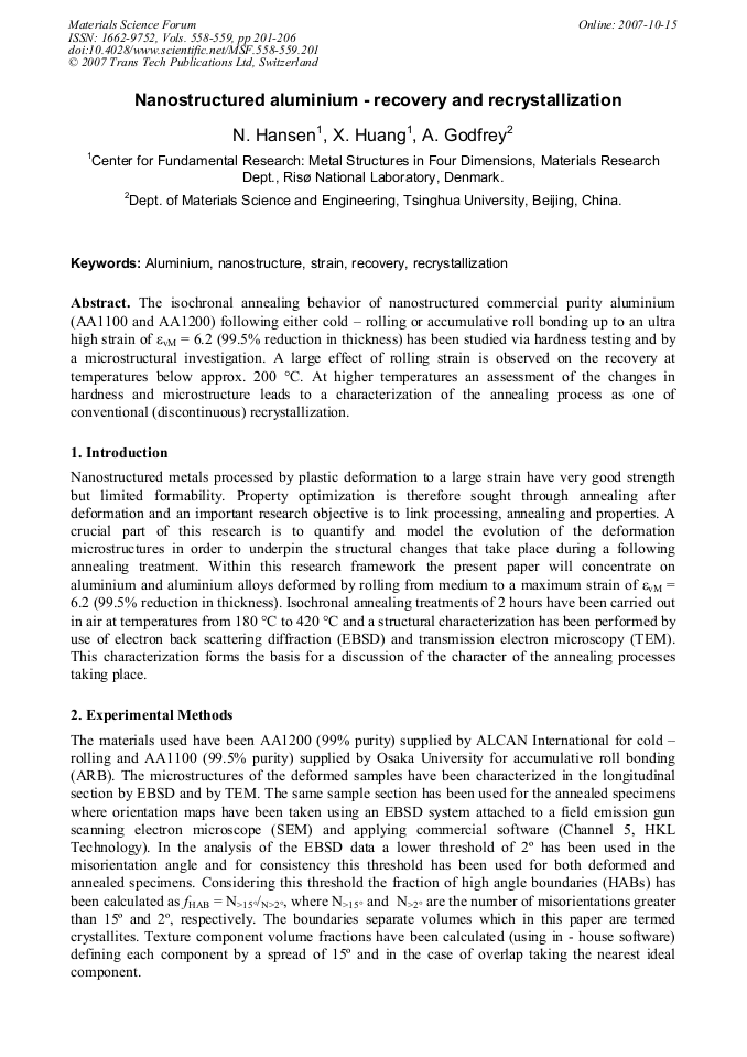 Nanostructured Aluminium - Recovery and Recrystallization | Scientific.Net