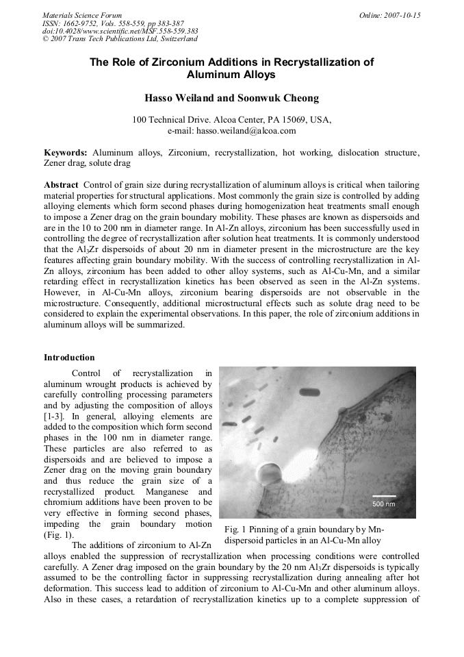 The Role of Zirconium Additions in Recrystallization of Aluminum Alloys ...