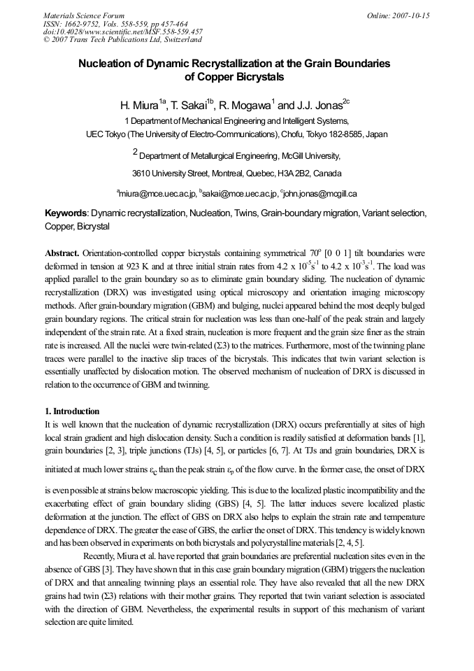 Nucleation of Dynamic Recrystallization at the Grain Boundaries of Copper Bicrystals ...