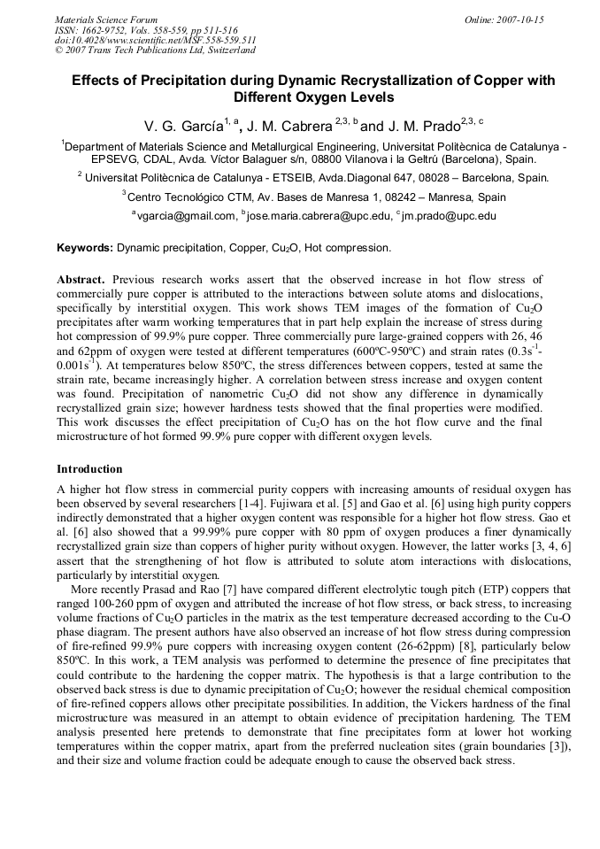 Effects Of Precipitation During Dynamic Recrystallization Of Copper With Different Oxygen Levels